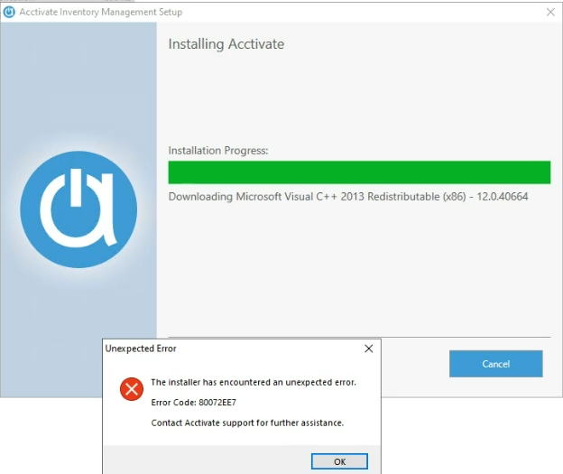 Error 80072EE7 when installing Acctivate