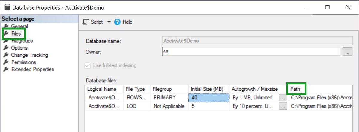 Changing the location of Acctivate SQL Server Database Files.