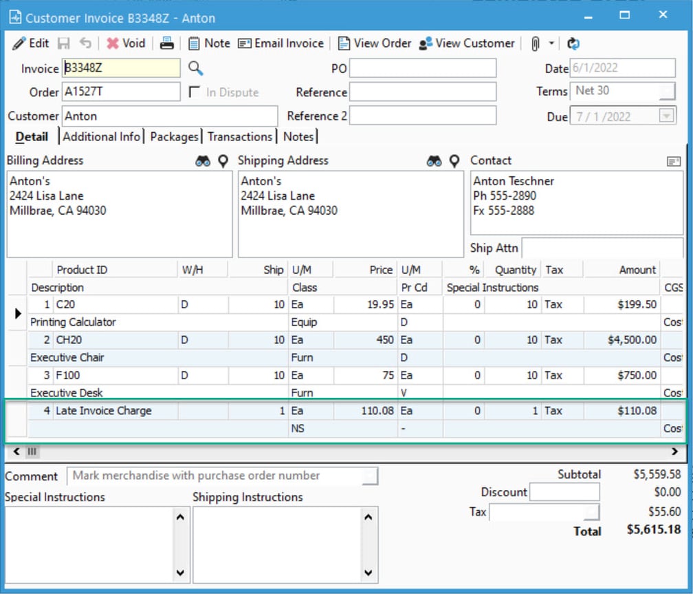 Adding a Late fee to an Invoice.