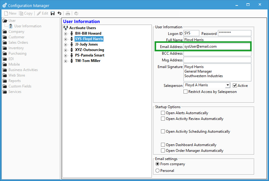 Selecting and Managing the From Email Address in Acctivate