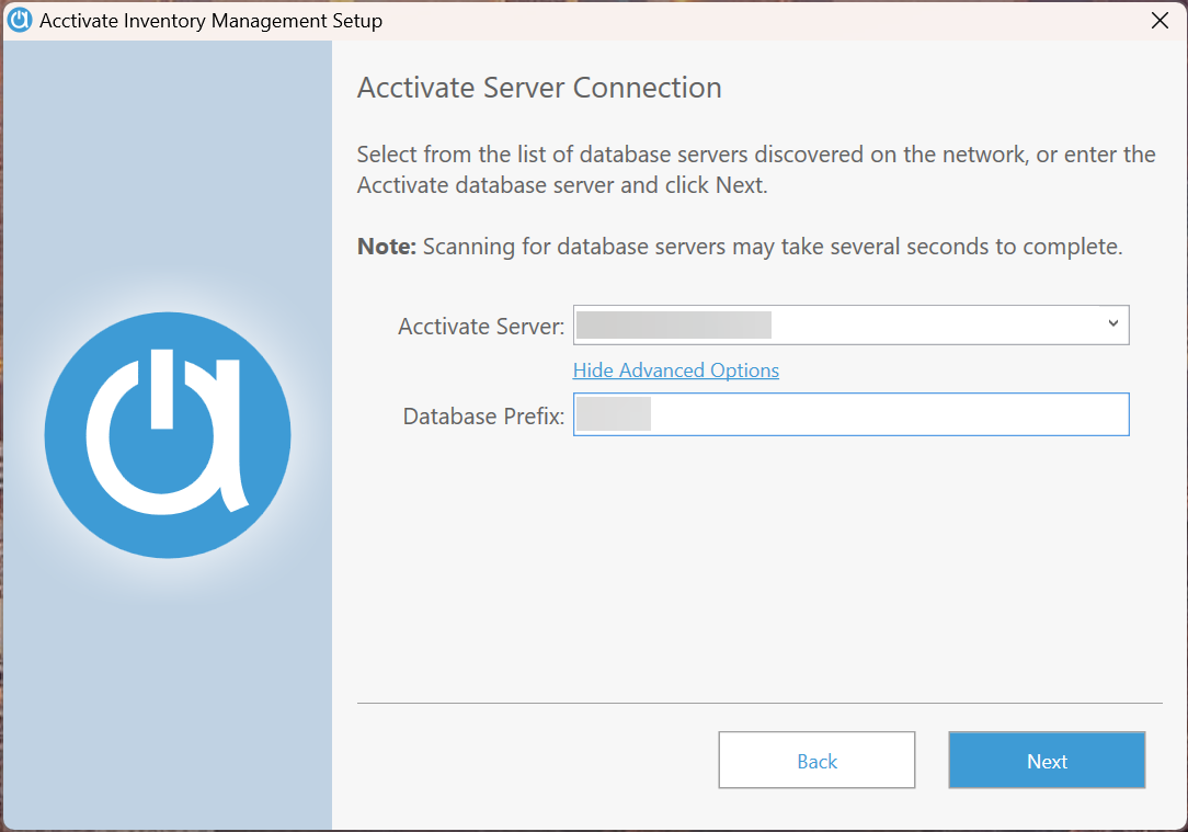 Install Acctivate using a hosted database server