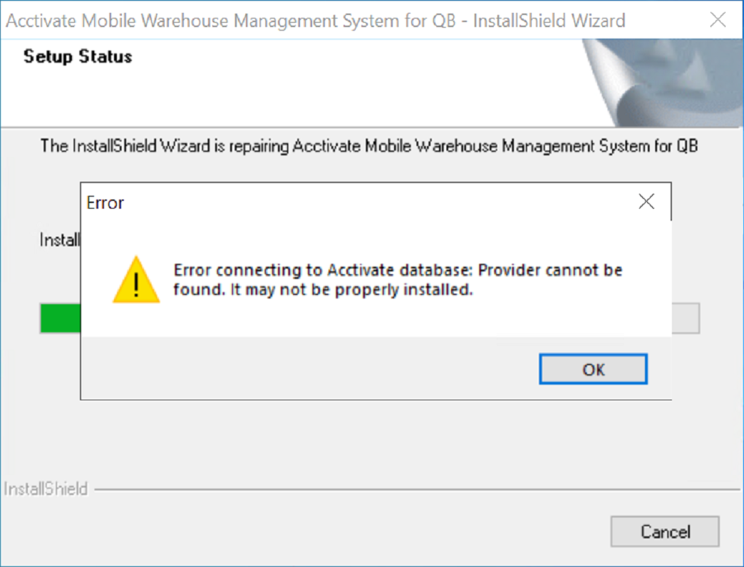 "Error connecting to Acctivate database: Provider cannot be found" during Mobile WMS installation