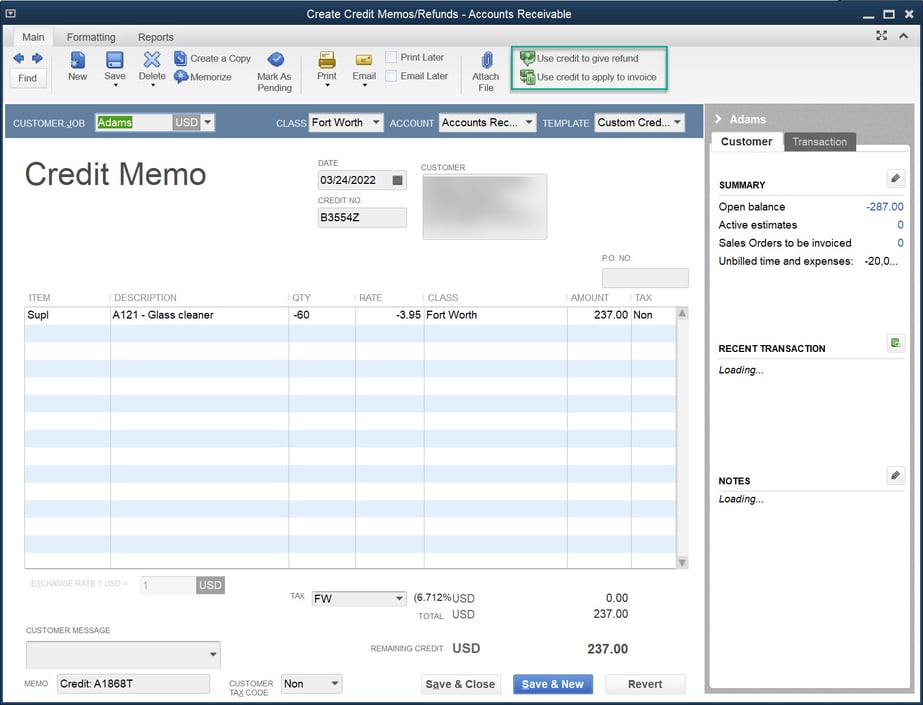 Applying and Refunding Credit Memos in QuickBooks Desktop