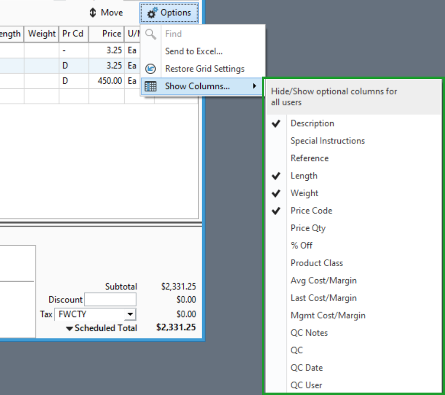Customizing columns shown on the sales order window.