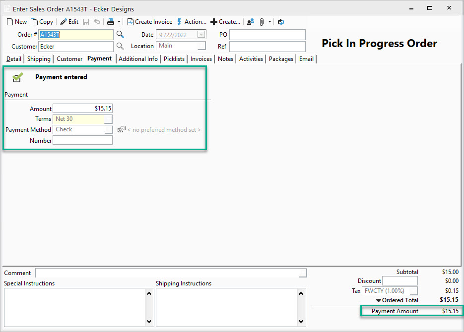 Why does the payment tab on a sales order show "Payment not entered?"