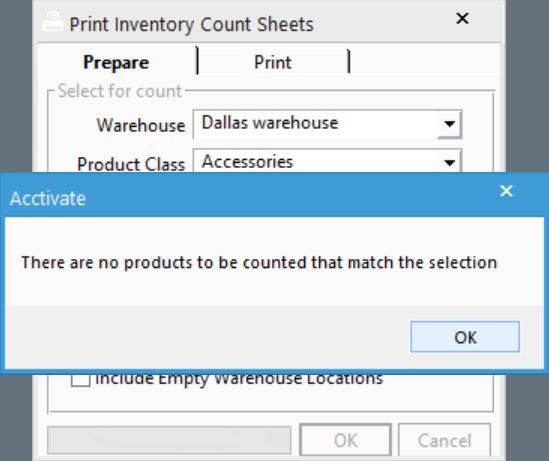 "There are no products to be counted that match the selection" message ...