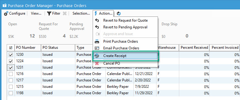Using PO manager to batch receive Purchase Orders