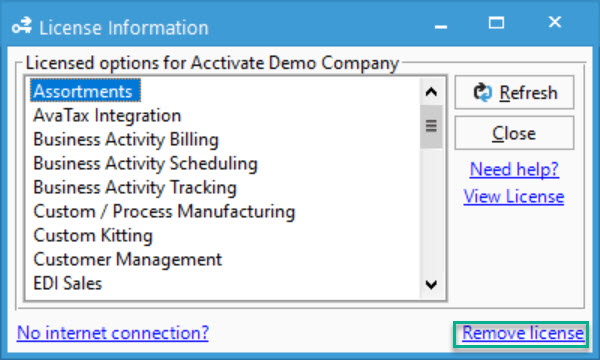 Removing an Acctivate license.