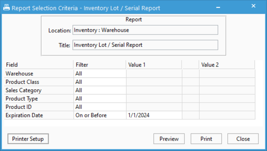 Generate lot/serial number report based on Expiration Date.