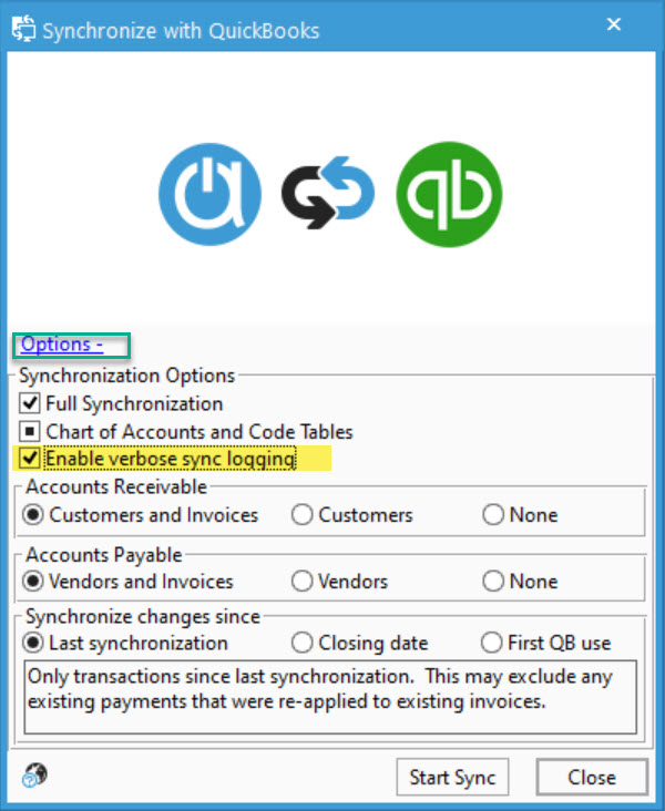 Enabling the Verbose sync log in QuickBooks Desktop.