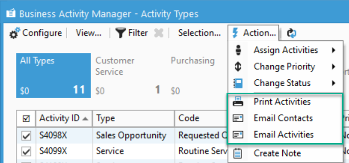 Using Business Activity Manager to bulk print/email Activities.