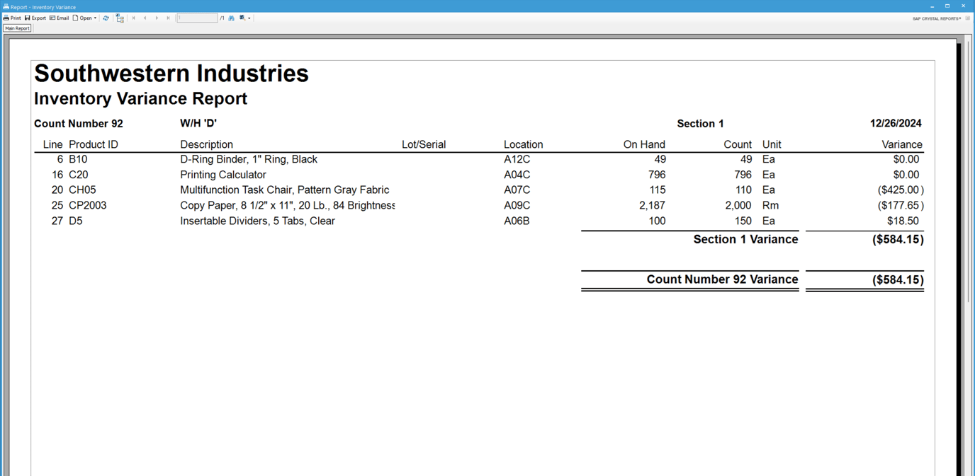 Inventory Count Variance Report