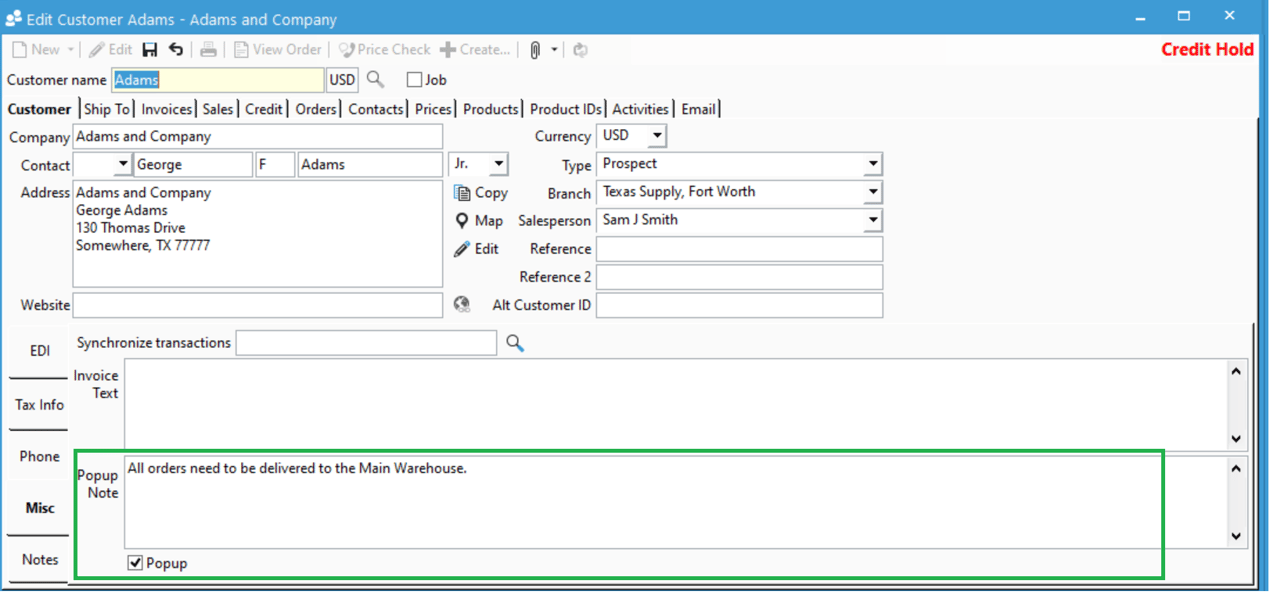 Adding sales order pop-up notes for customers.