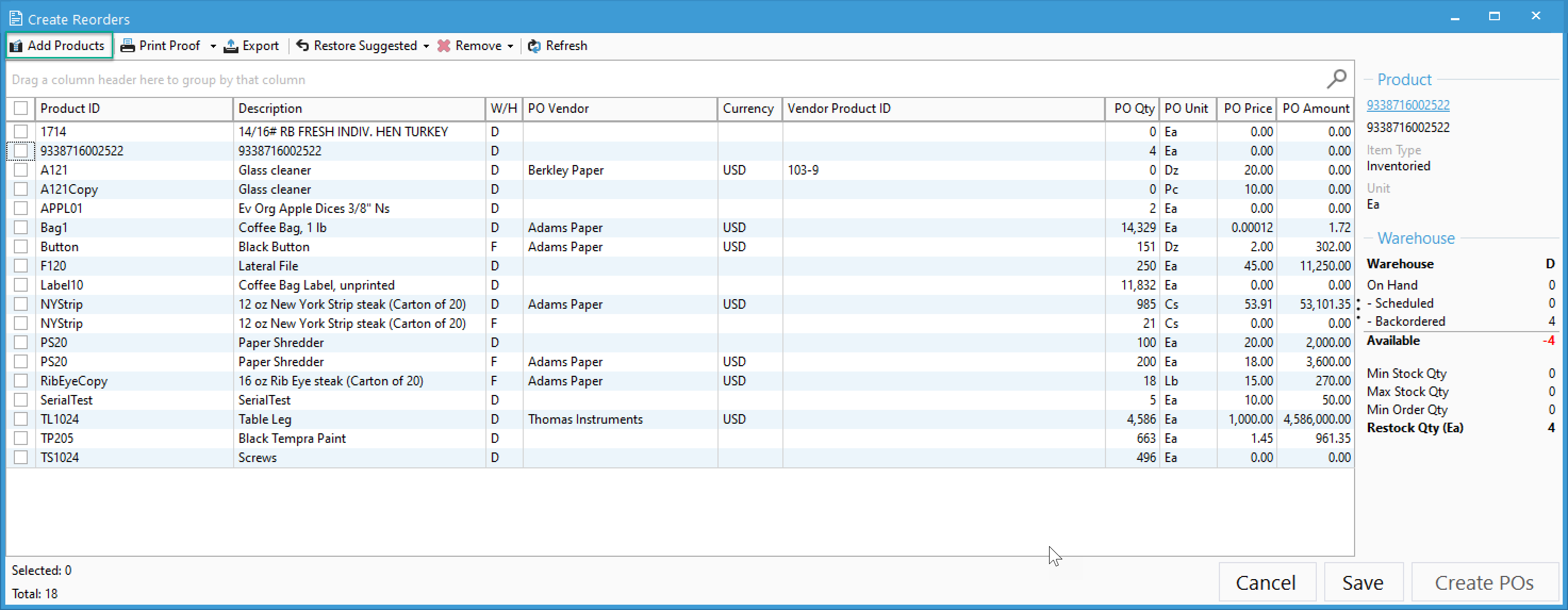 Create Reorders window