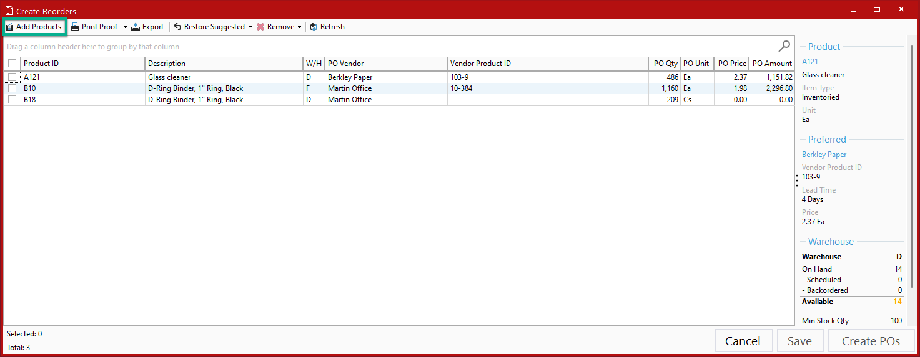 Create Reorders window