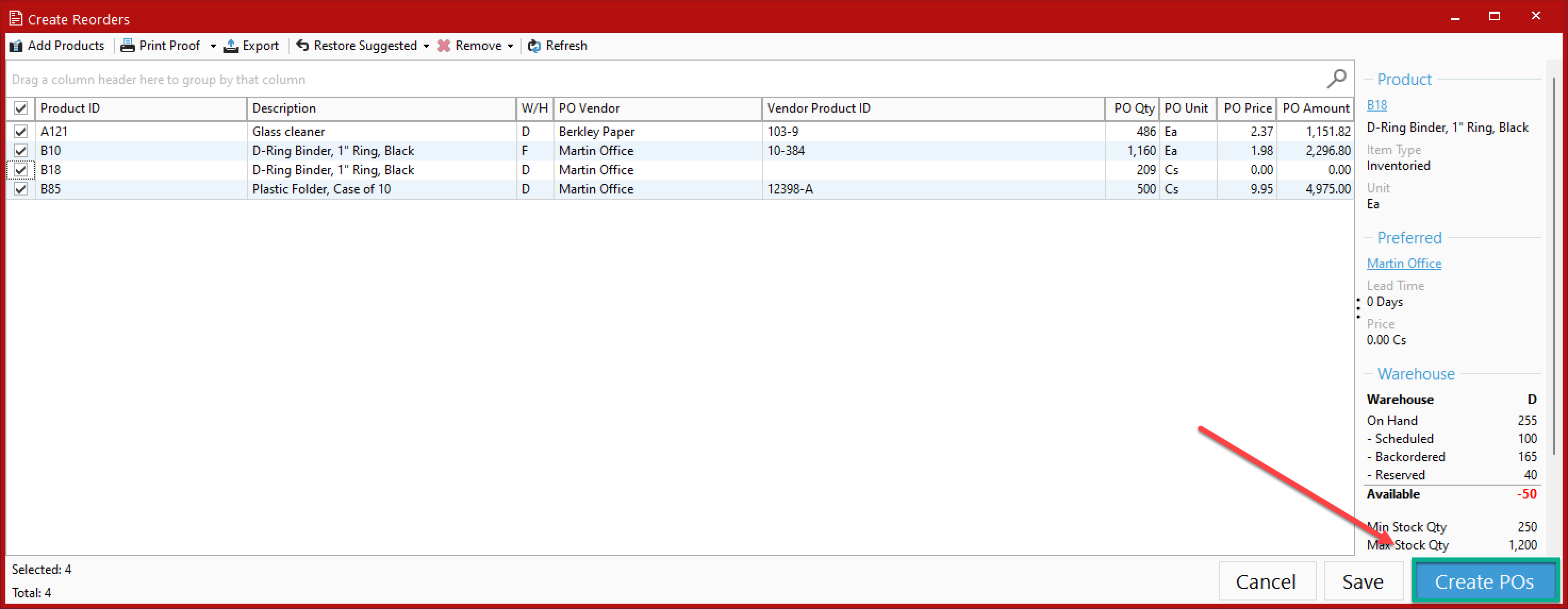 Create Reorders window