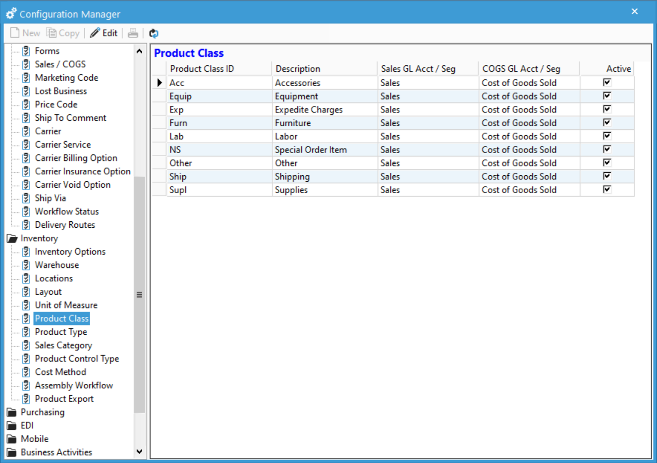 Locating the General Ledger Account Setup for Sales and COGS.