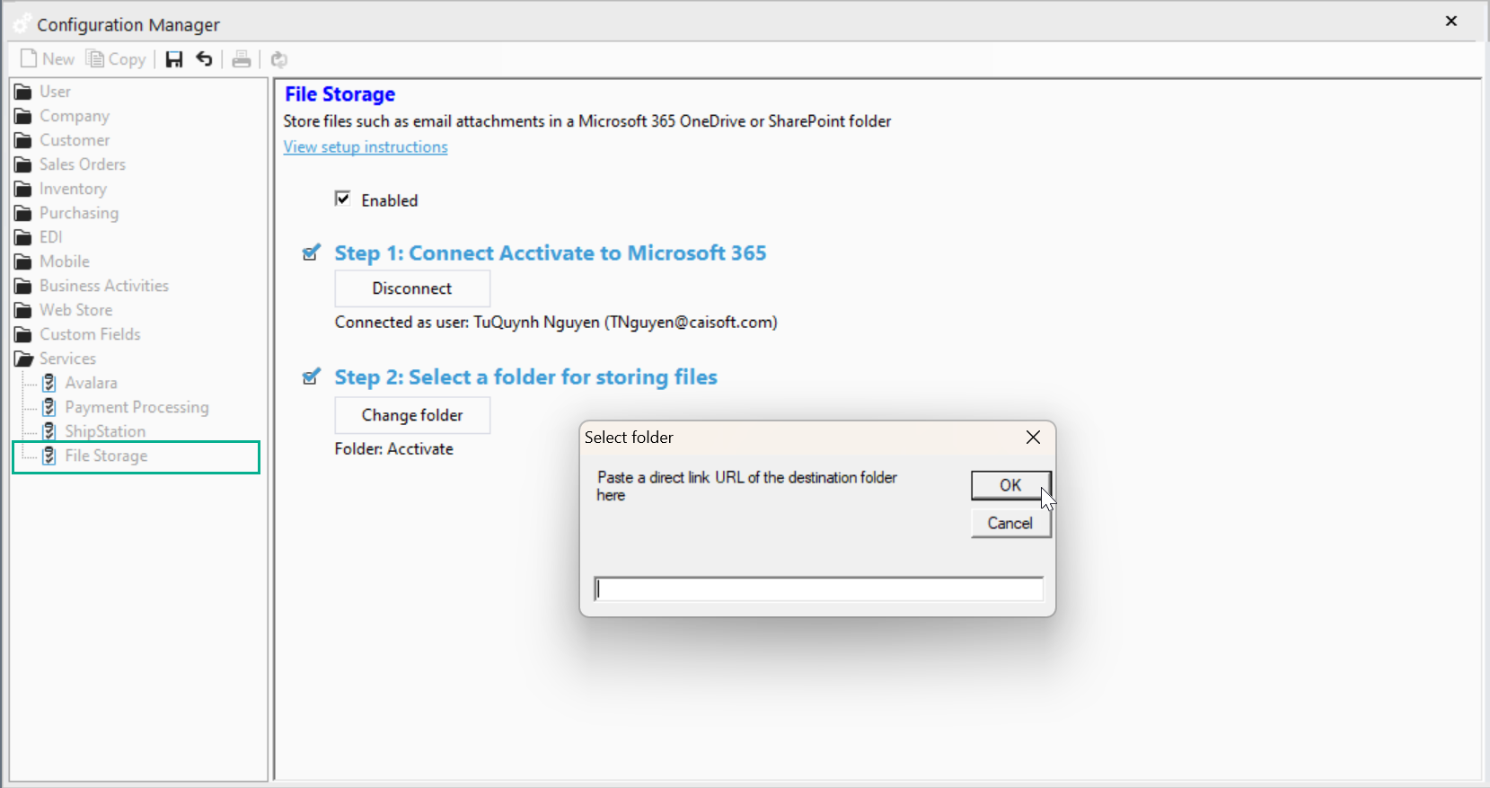 Connect Acctivate to Microsoft 365 OneDrive and SharePoint for organizing and storing files