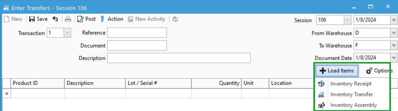 Loading items from other transactions to a transfer